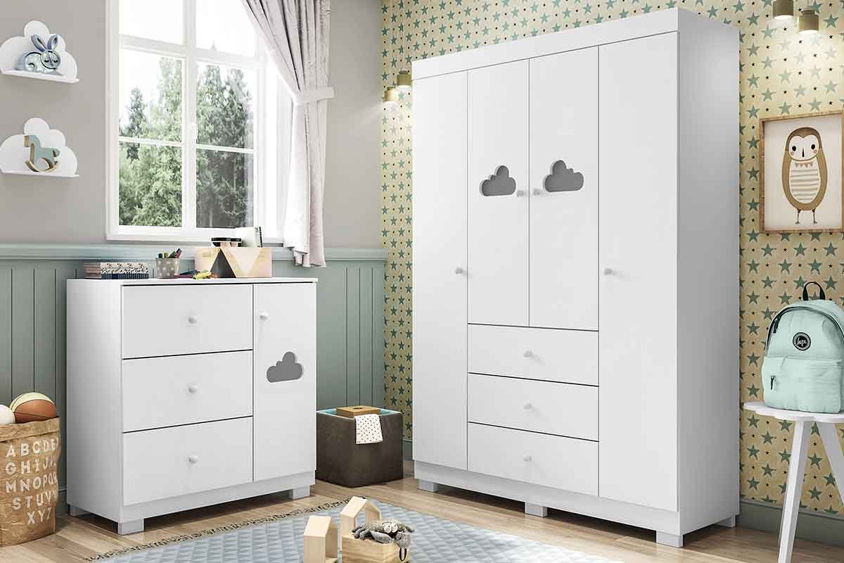 Guarda-Roupa e Cômoda Infantil Ava 100% MDF - Branco