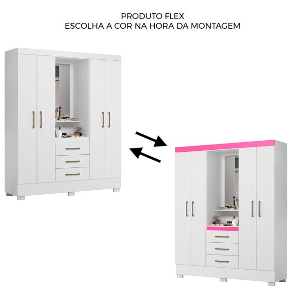 Guarda-Roupa 4 Portas 3 Gavetas c/ Capela Elizabeth - Branco/Rosa ...