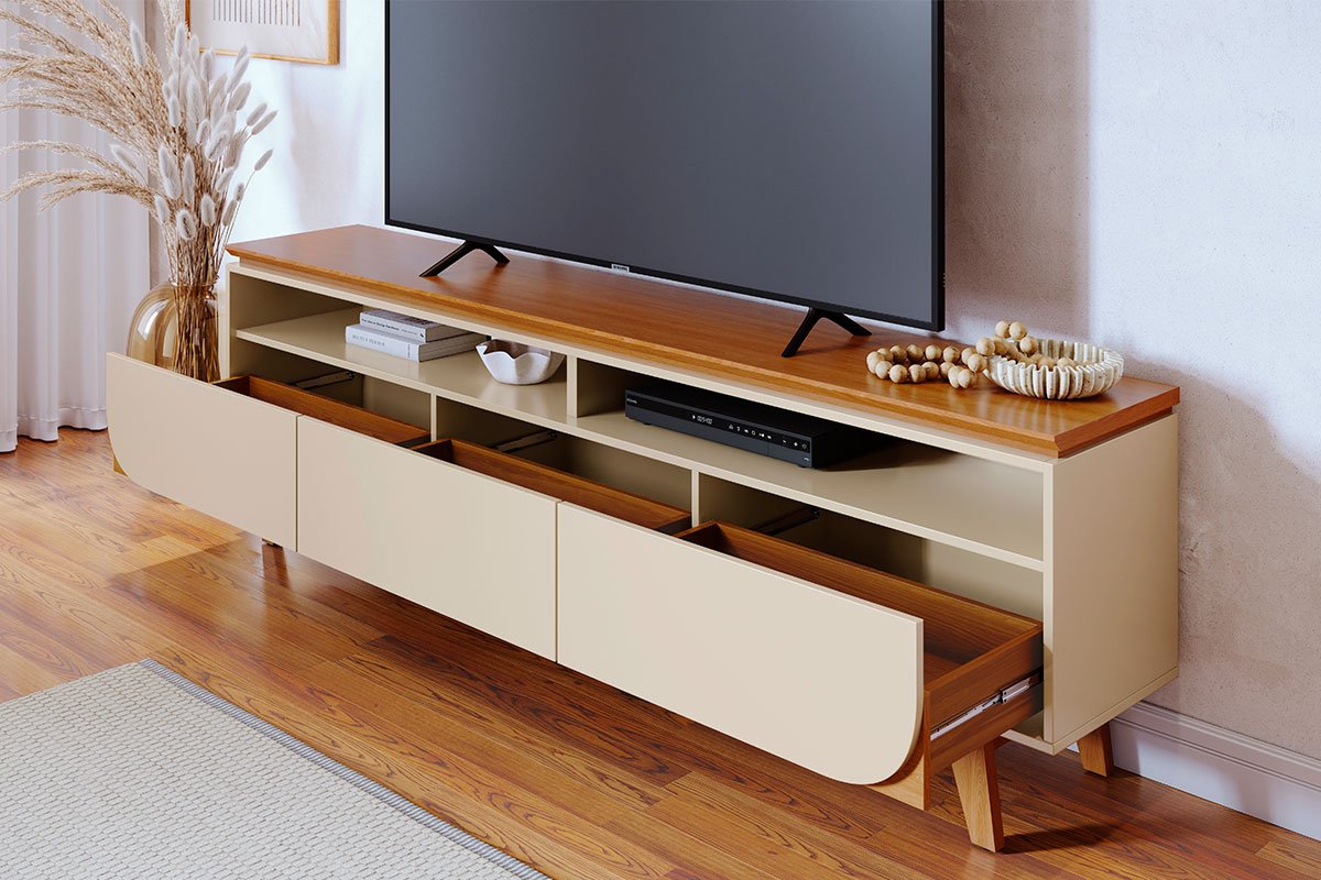 Rack Bancada Serena 3 Gavetas Para Tv de 75" Polegadas - Cinamomo/Off White