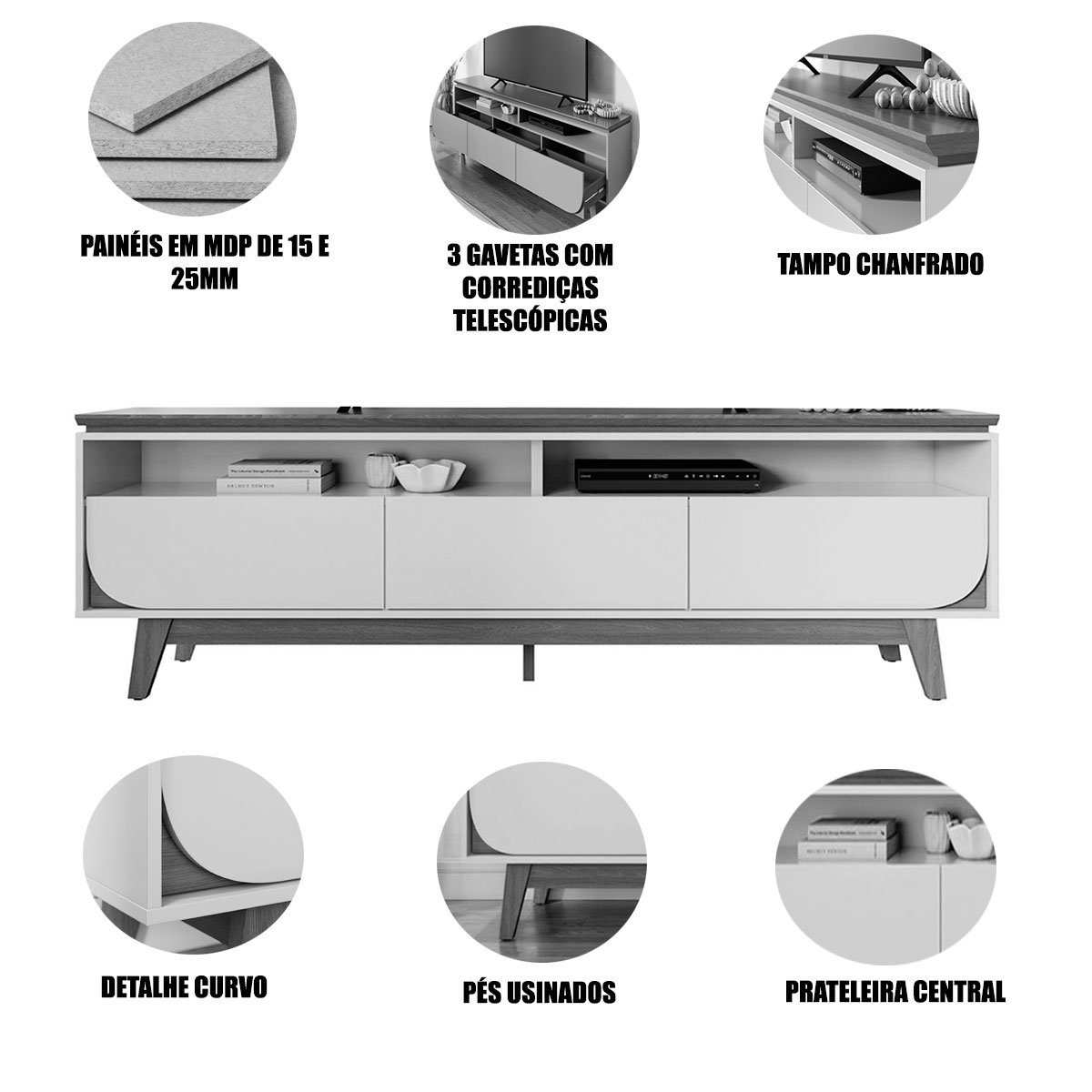 Rack Bancada Serena 3 Gavetas Para Tv de 75" Polegadas - Cumaru/Opala