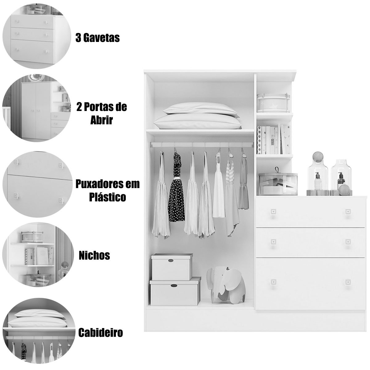 Guarda-Roupa com Cômoda Infantil 2 Portas 3 Gavetas Doce Mel - Rosa