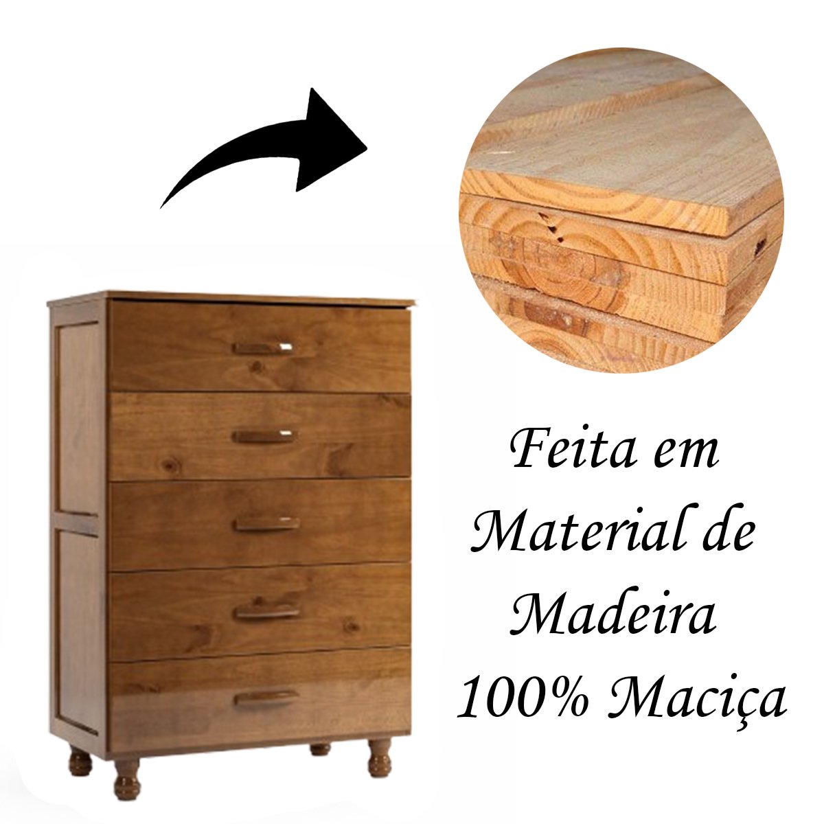 Cômoda 5 Gavetas 100% Madeira Rústica Pandora - Imbuia Brilho
