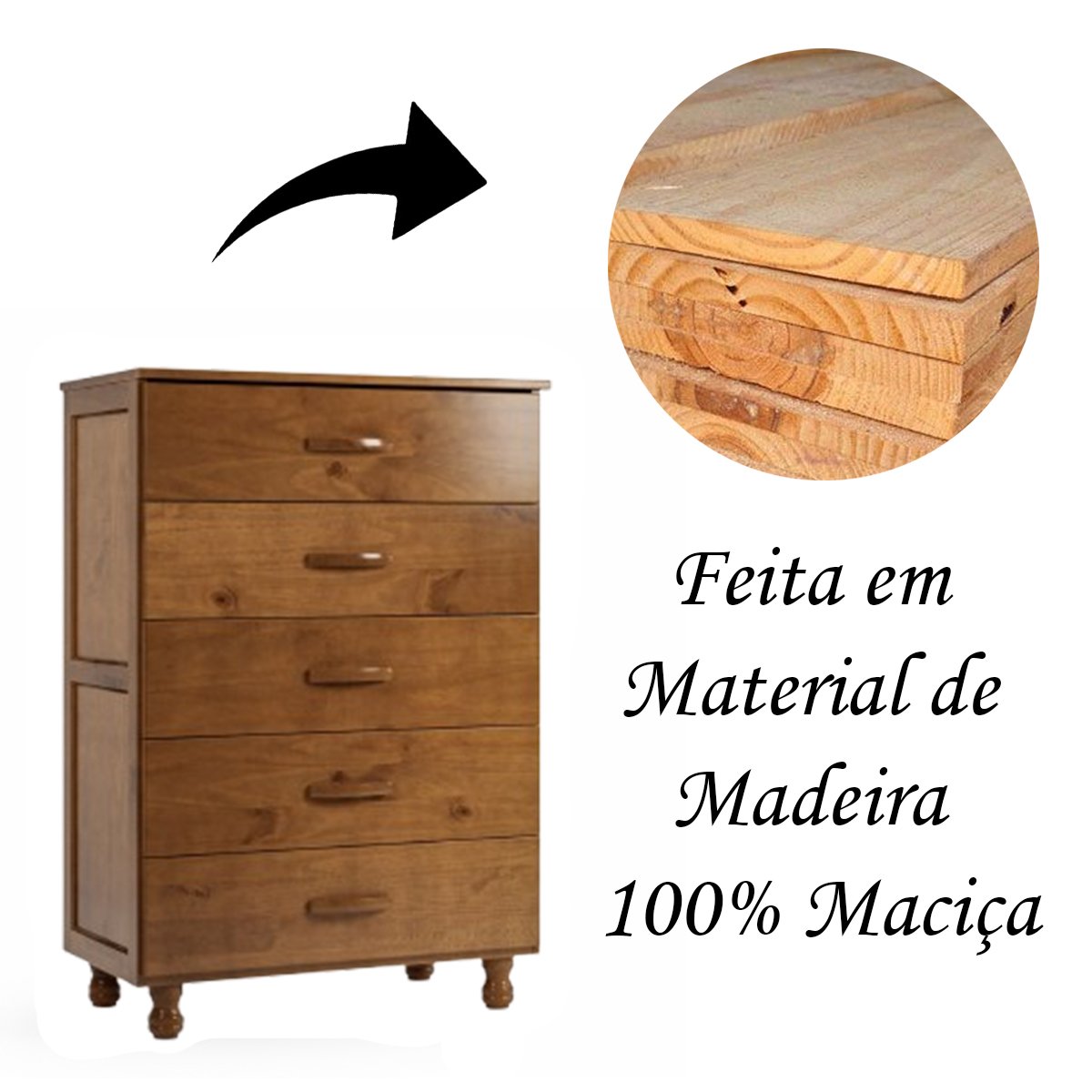 Cômoda 5 Gavetas 100% Madeira Rústica Pandora - Imbuia Fosco